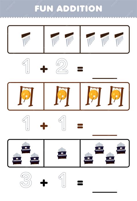 만화 차임 징 오르간 인쇄용 음악 악기 워크시트의 수를 세고 추적하여 어린이를 위한 교육 게임 재미 추가 프리미엄 벡터