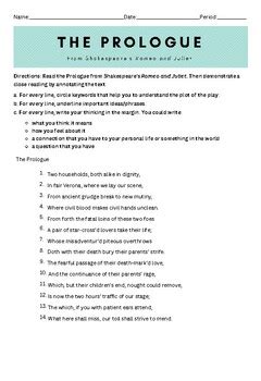 The Prologue Annotations And Questions From Romeo And Juliet TPT