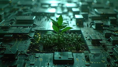 A Small Green Sprout Is Emerging From The Processor On The Motherboard