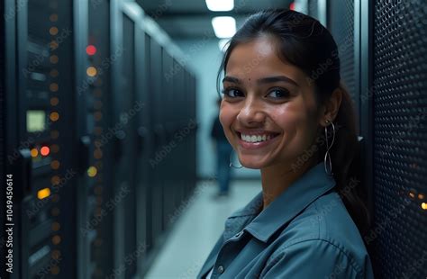 A Smiling Indian Woman System Administrator Stands In A Server Room Surrounded By Computers And