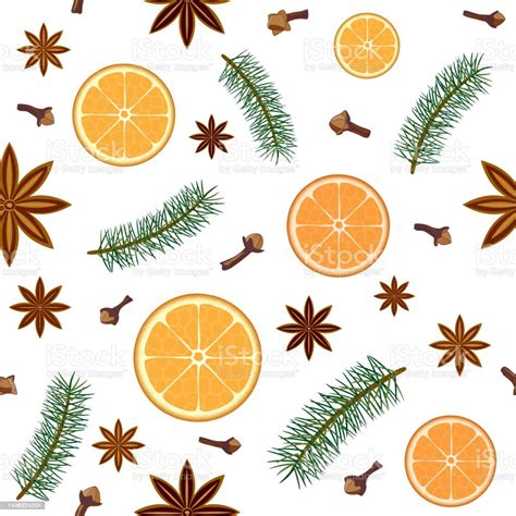겨울 향기 매끄러운 패턴 오렌지 소나무 가지 아니스 별과 정향이 흰색 배경에 흩어져 있습니다 가지 식물 부위에 대한 스톡 벡터 아트 및 기타 이미지 Istock