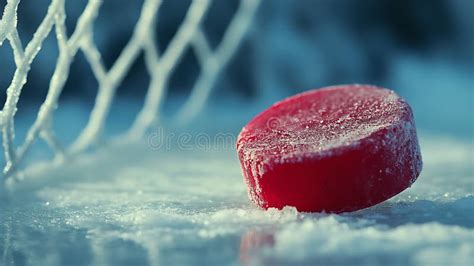 Frozen Red Hockey Puck Resting By The Net On Ice Stock Illustration