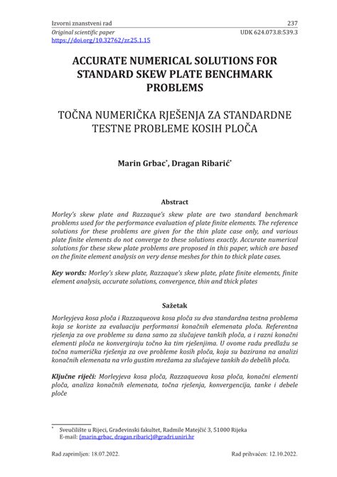 Pdf Accurate Numerical Solutions For Standard Skew Plate Benchmark