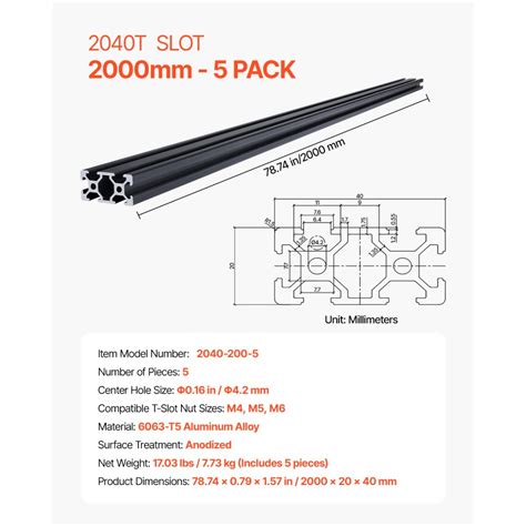 Vevor 5pcs 787 In 2000mm T Slot 2040 Aluminum Extrusion Profile