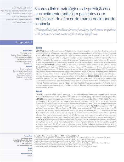 Pdf Clinicopathological Predictor Factors Of Axillary Involvement In Patients With Metastatic