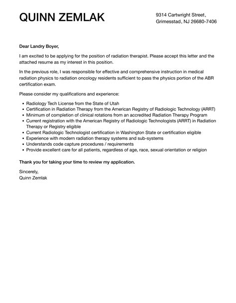 Radiation Therapist Cover Letter Velvet Jobs