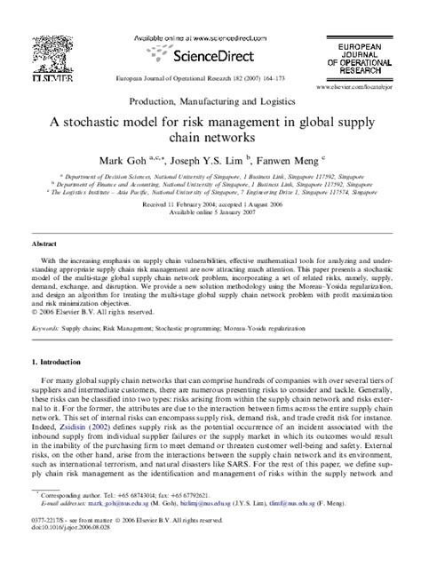 Pdf A Stochastic Model For Risk Management In Global Supply Chain Networks