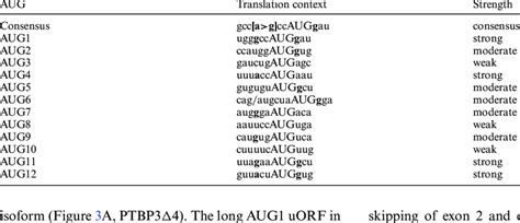 Kozak Sequence Contexts Of Ptbp3 Augs 1 12 Classed As Strong Moderate