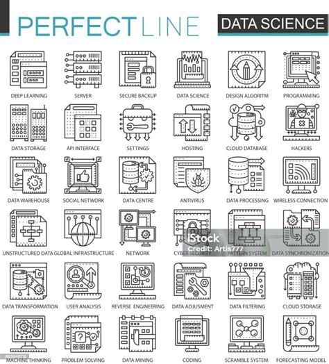 데이터 과학 기술 개요 미니 개념 기호입니다 기계 학습 과정 현대 획 선형 스타일 일러스트 세트 완벽 한 얇은 라인 아이콘입니다 과학에 대한 스톡 벡터 아트 및 기타 이미지