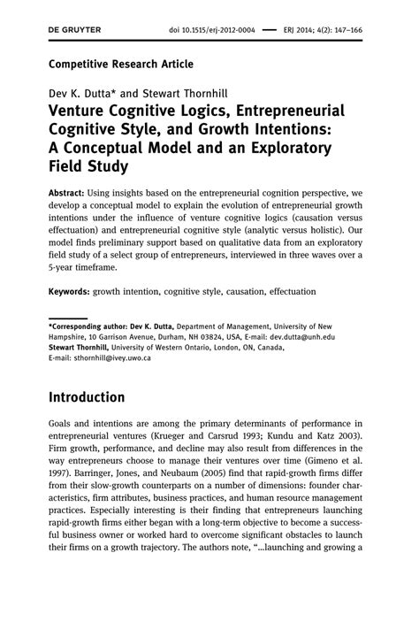 Pdf Venture Cognitive Logics Entrepreneurial Cognitive Style And Growth Intentions A
