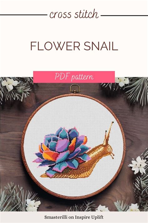 Snail With Succulent Plant Cross Stitch Pattern Pdf Flower Embroidery