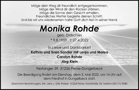 Traueranzeigen Von Monika Rohde Trauer Anzeigende
