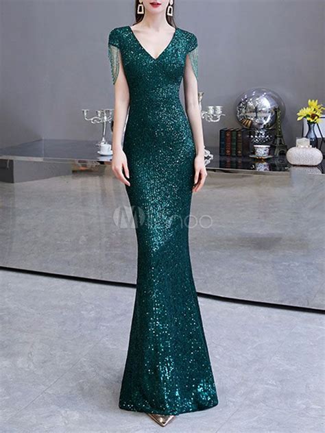 Vestido De Noche Sirena Cuello En V Lentejuelas Hasta El Suelo Lentejuelas Manga De Cadena