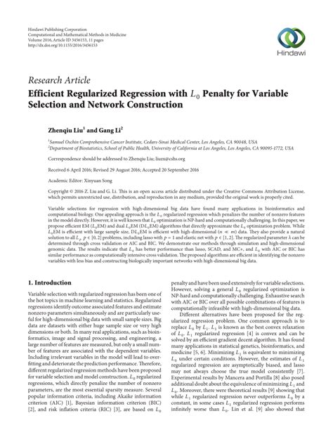 pdf efficient regularized regression with l 0 penalty for variable