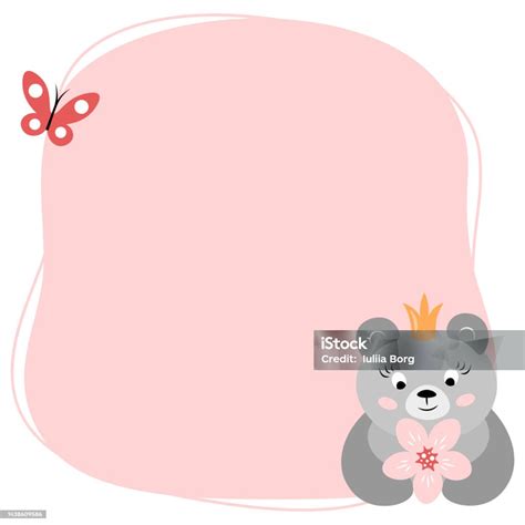 분홍색과 회색 파스텔 색상의 공주 아기 곰과 나비가 있는 보육 카드 템플릿입니다 베이비 샤워 키즈 파티 생일 또는 초대장에