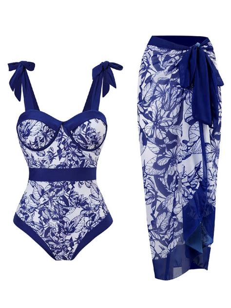 Blue 1960s Floral Halter One Piece Swimsuit Retro Stage