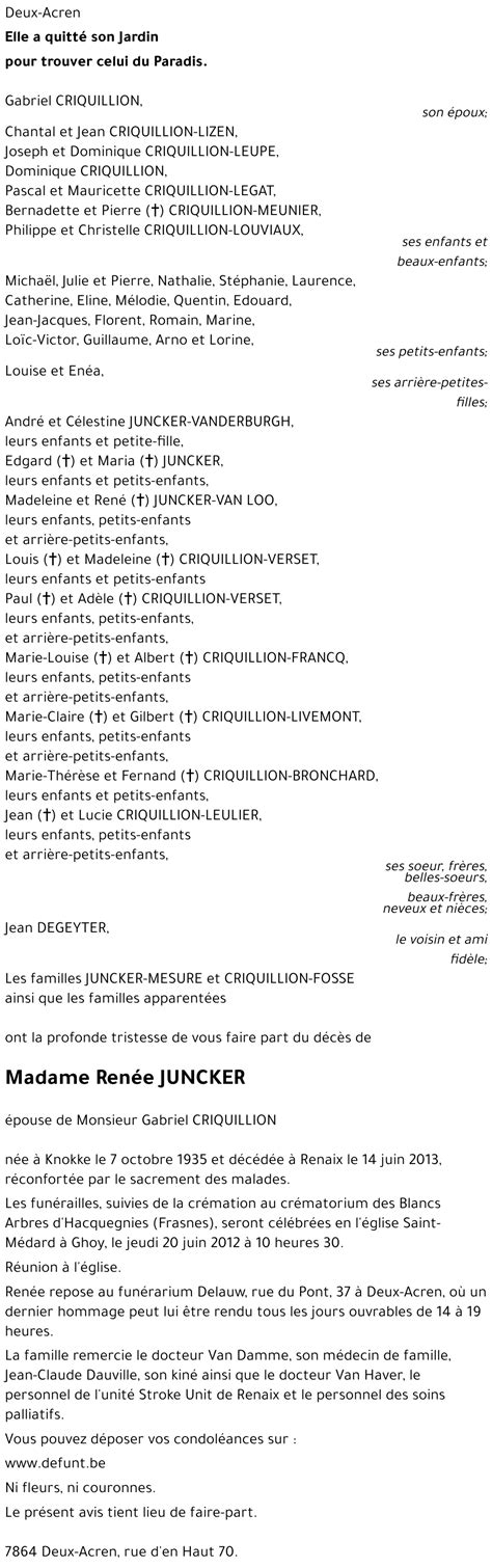 Avis De Décès De Renée Juncker Décédé Le 14 06 2013 à Ronse Annonce Condoléances Fleurs Etc
