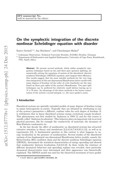 Pdf On The Symplectic Integration Of The Discrete Nonlinear Schr Odinger Equation With Disorder
