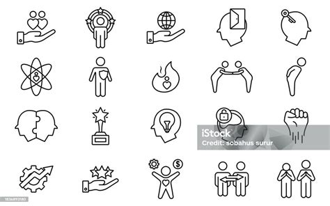 핵심 가치 아이콘 집합 성실 열정 존중 창의성 겸손 공감 등 라인 아이콘 스타일 디자인 편집 가능한 간단한 벡터 디자인 겸손에