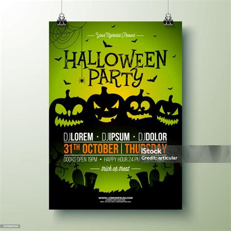 할로윈 파티 배너 일러스트 와 함께 무서운 얼굴 호박 오렌지 묘지 배경 묘지와 비행 박쥐 파티 초대장 인사말 카드 배너 또는 축하 포스터에 대 한 벡터 휴일 디자인 템플릿