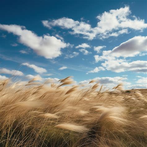Premium Photo Field Of Golden Grass Blowing In The Wind Under A Blue