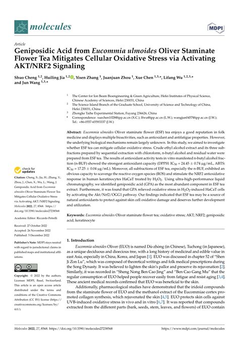 Pdf Geniposidic Acid From Eucommia Ulmoides Oliver Staminate Flower Tea Mitigates Cellular