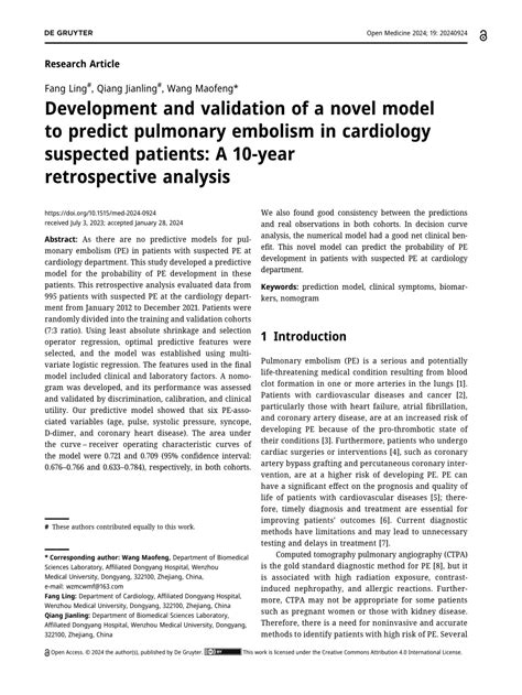 Pdf Development And Validation Of A Novel Model To Predict Pulmonary Embolism In Cardiology