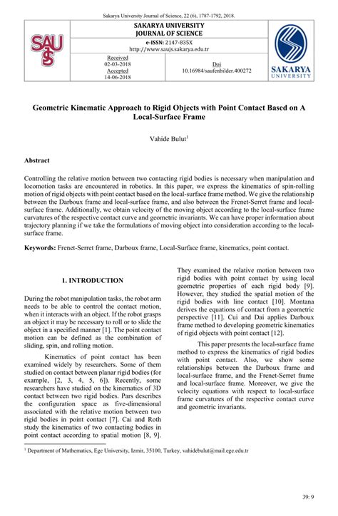 pdf geometric kinematic approach to rigid objects with point contact
