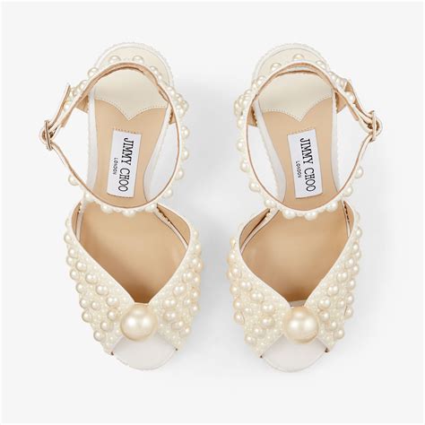 White Satin Sandals With All Over Pearls Sacora 100 Autumn Winter