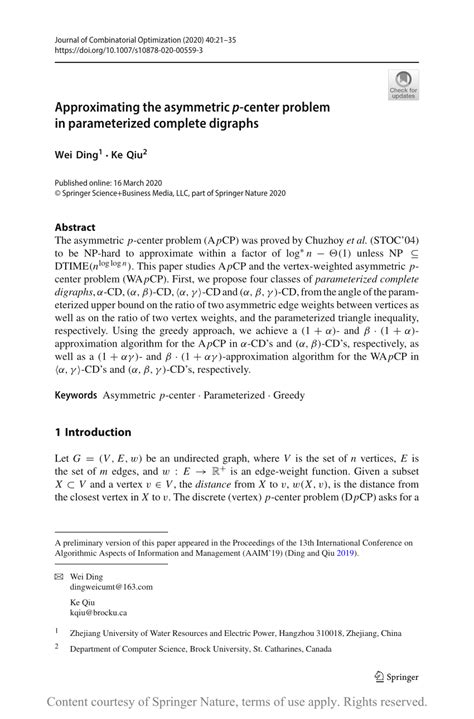 Approximating The Asymmetric P Center Problem In Parameterized Complete Digraphs Request Pdf