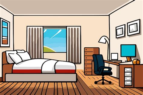 Un Dessin Animé D une Chambre Avec Un Lit Un Bureau Et Un Bureau