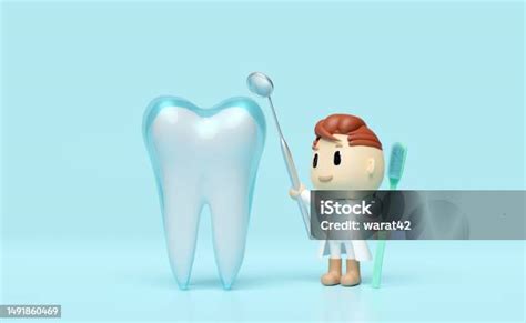 3d 미니어처 만화 캐릭터 치과의사는 치과의사 거울 칫솔 치과대치가 파란색으로 분리되어 있다 충치 확인 치과 의사의 치과 검진
