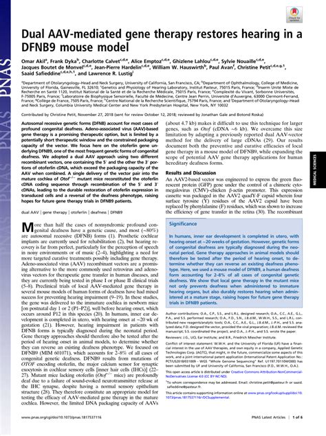Pdf Dual Aav Mediated Gene Therapy Restores Hearing In A Dfnb9 Mouse
