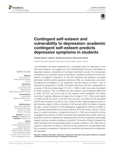 Pdf Contingent Self Esteem And Vulnerability To Depression Academic Contingent Self Esteem