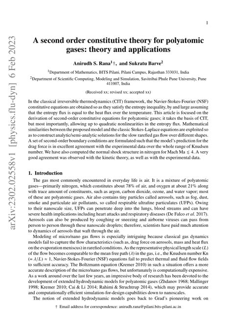 Pdf A Second Order Constitutive Theory For Polyatomic Gases Theory And Applications