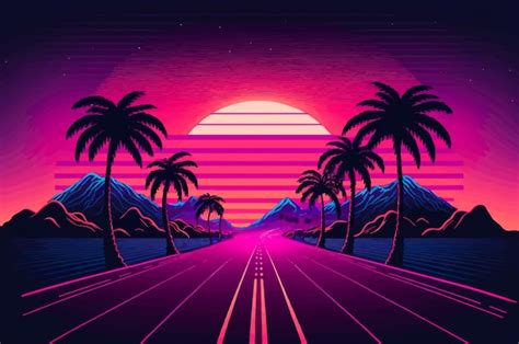 Premium Photo A Car Driving Down A Road With Palm Trees Retrofuturism