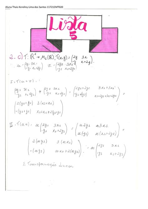 Algebra Linear Lista 5 E 6 Álgebra Linear Aluna Thais Keroliny Lima