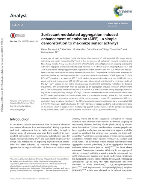 Pdf Surfactant Modulated Aggregation Induced Enhancement Of Emission Aiee A Simple