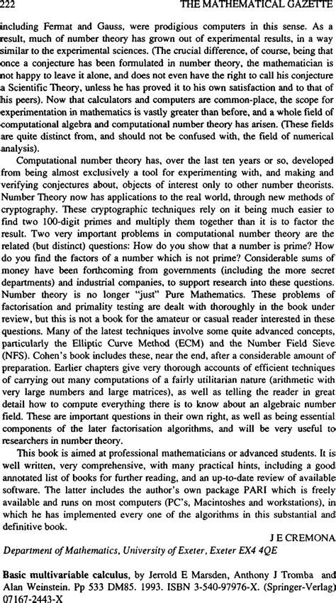 Basic Multivariable Calculus By Jerrold E Marsden Anthony J Tromba And Alan Weinstein Pp 533
