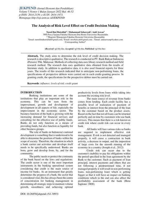 Pdf The Analysis Of Risk Level Effect On Credit Decision Making