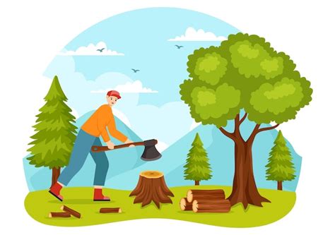 Premium Vector Timber Vector Illustration With Man Chopping Wood And Tree With Lumberjack Work