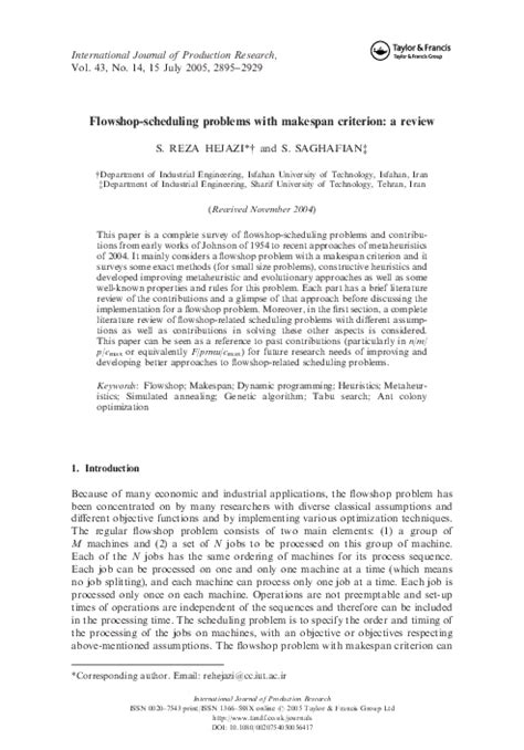 Pdf Flowshop Scheduling Problems With Makespan Criterion A Review