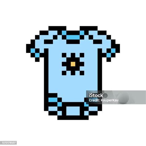 흰색 배경에 고립 된 태양 기호와 픽셀 아트 블루 유아 바디 수트 아기의 Onesie 신생아를위한 바디 수트 올드 스쿨 복고풍