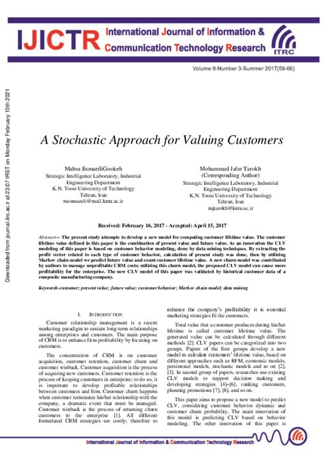 Pdf A Stochastic Approach For Valuing Customers