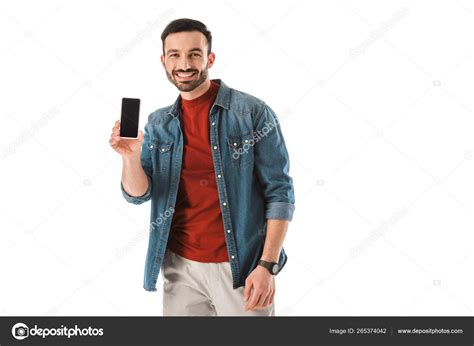 Cheerful Handsome Man Holding Smartphone Blank Screen Looking Camera