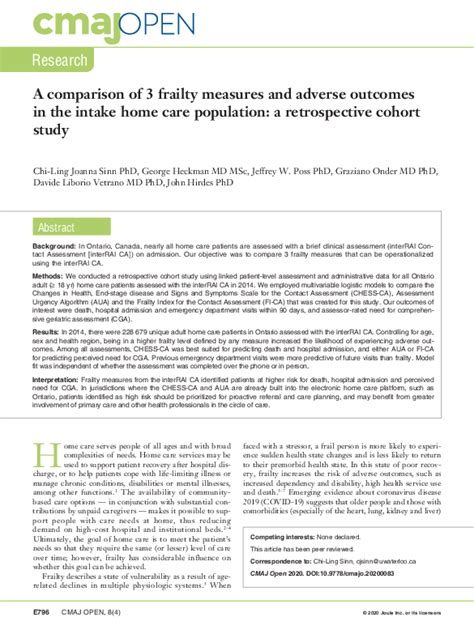 Pdf A Comparison Of 3 Frailty Measures And Adverse Outcomes In The Intake Home Care Population