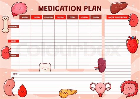 Weekly Medication Plan Planner With Human Body Organ Charac Colourbox