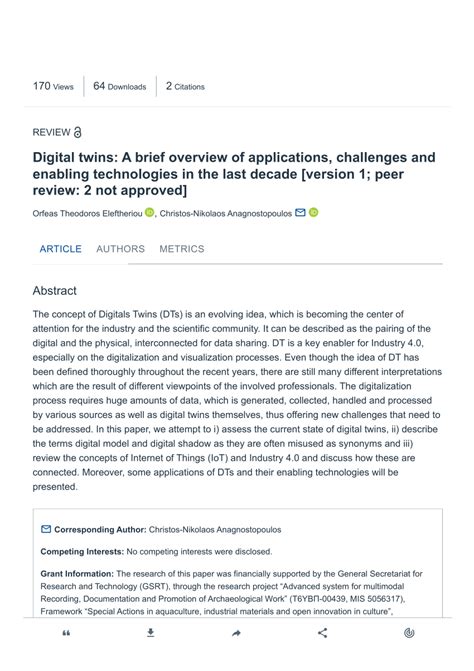 Pdf Digital Twins A Brief Overview Of Applications Challenges And