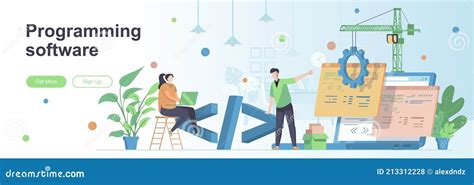 programming software landing page with people characters programs development web banner stock