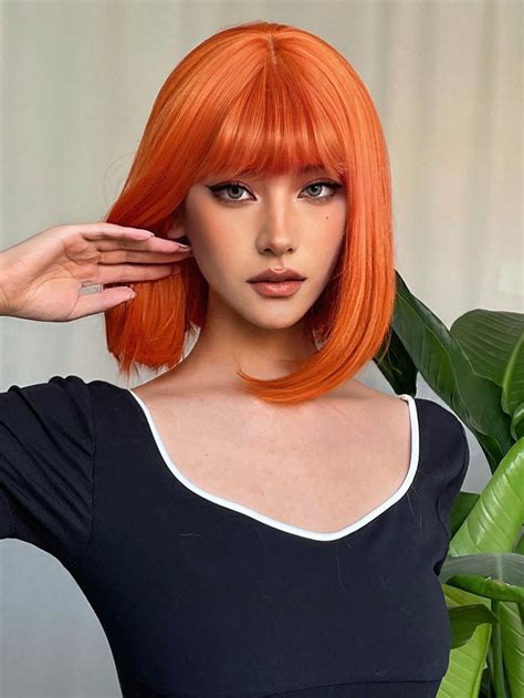 Short Straight Synthetic Wig With Bangs Hair Color Orange Short Bob